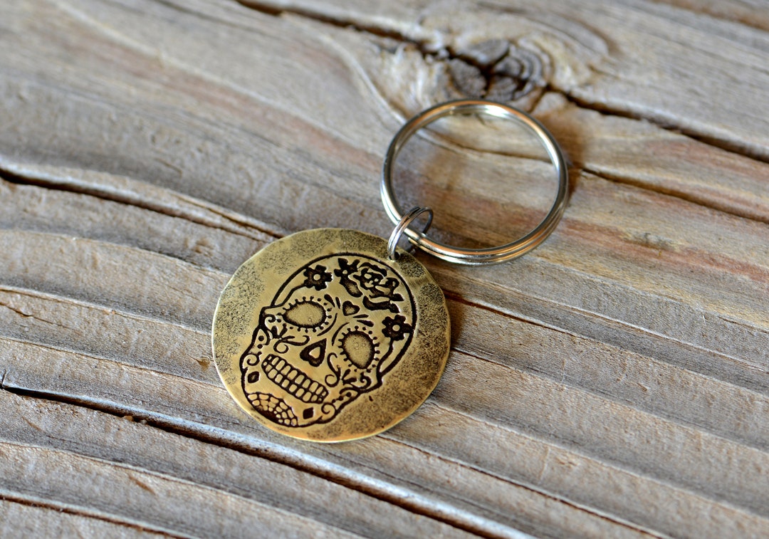 Bronze Sugar Skull Key Chain in Disc Shape - Hammered Texture on the ...