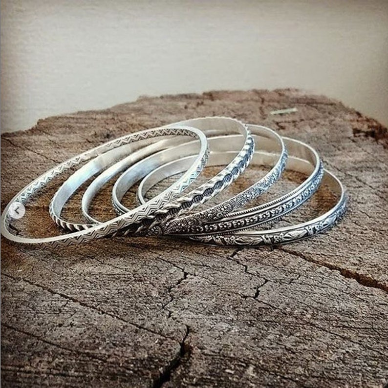 Sterling Silver Stackable Bangle Set With Geometric Patterns - Etsy