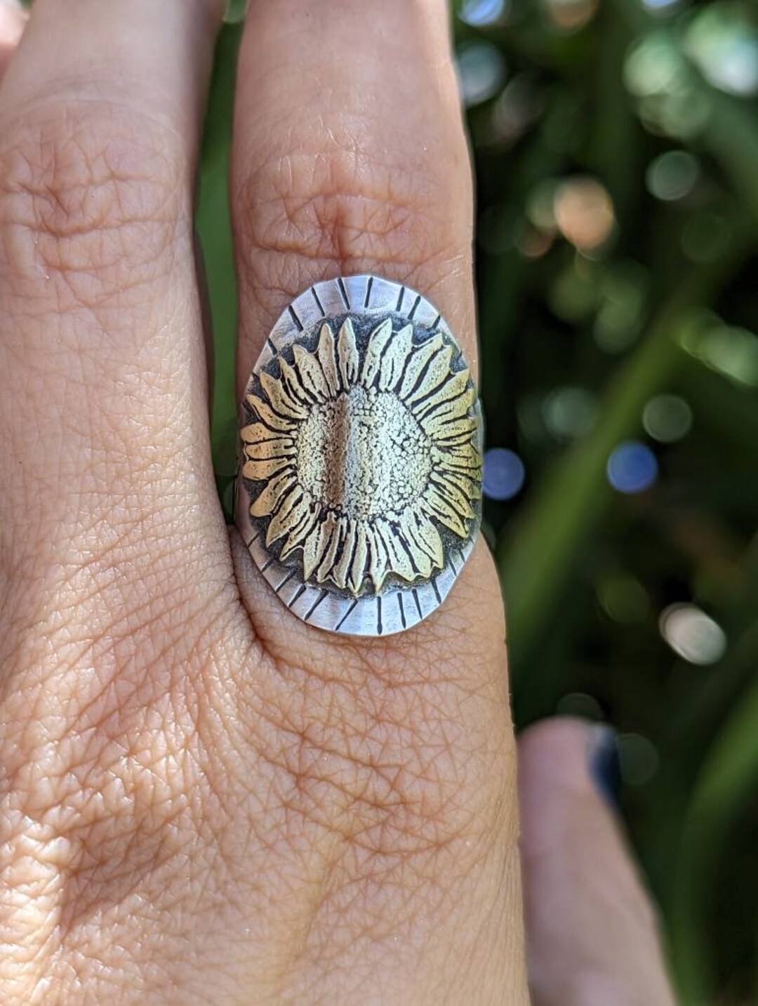 Sterling Silver Ring With Brass Sunflower - Statement Ring - Saddle ...