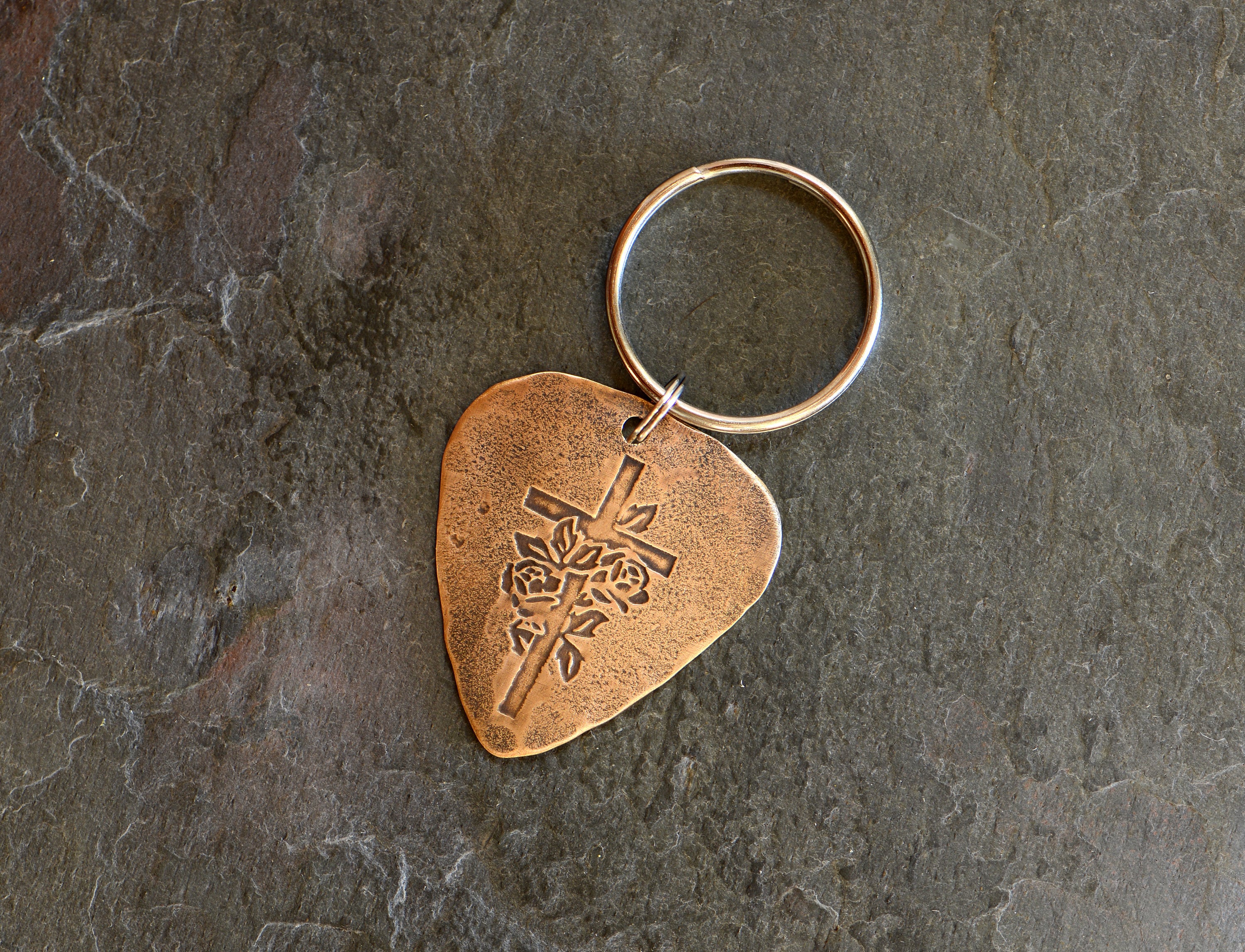Bronze Guitar Pick Keyring With Cross and Roses - Playable Guitar Pick ...