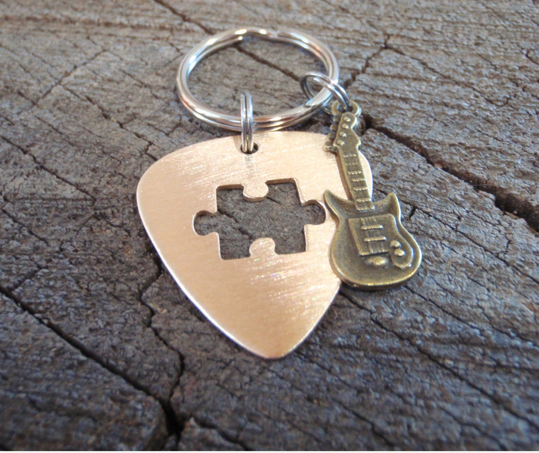Bronze Guitar Pick Keyring With Puzzle Piece Cut Out and Brass Guitar ...