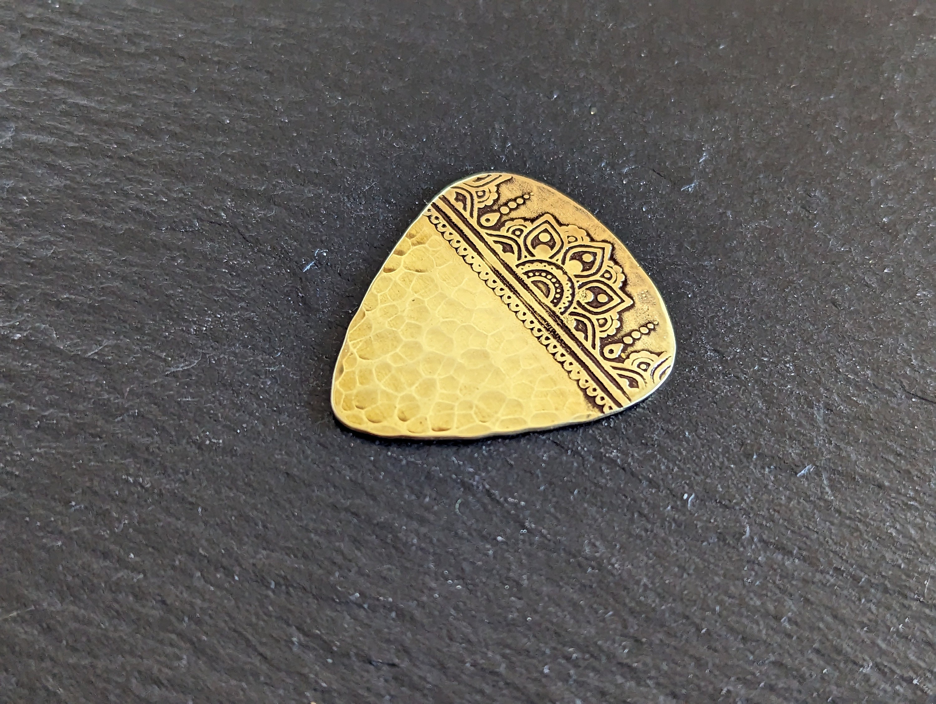 Brass Guitar Pick With Mehndi Border Design and Hammered Texture ...