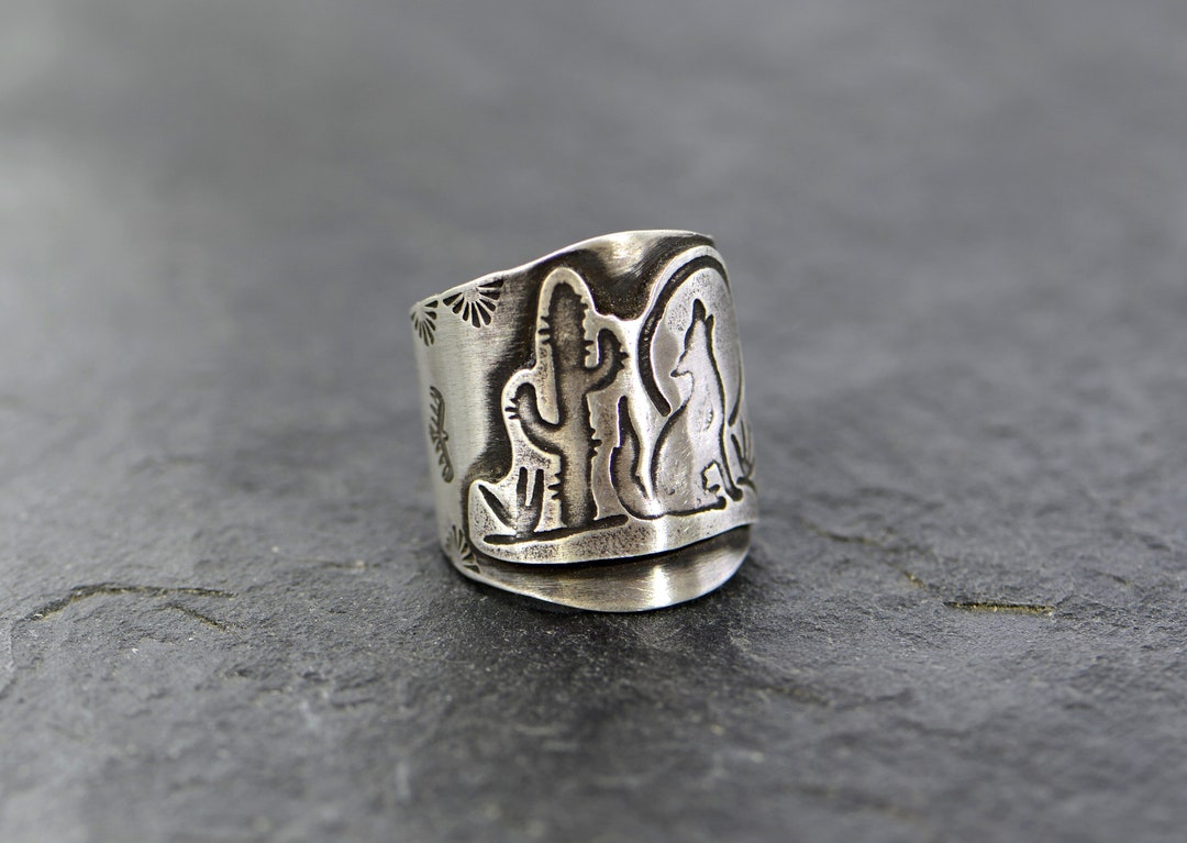 Sterling Silver Mens Cigar Band Ring With Coyote , Moon and Cactus ...