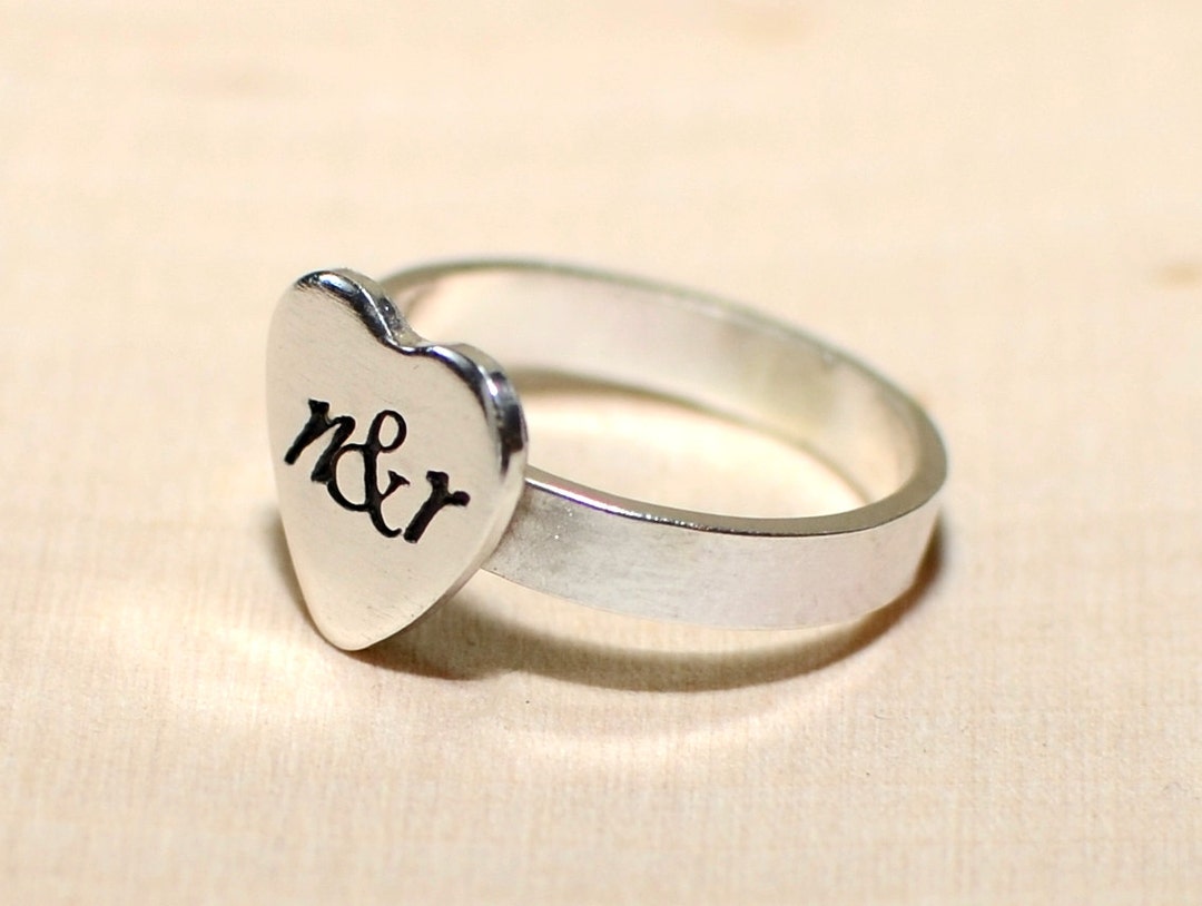 Personalized Heart Ring With Custom Band and Engraved Silver Heart ...