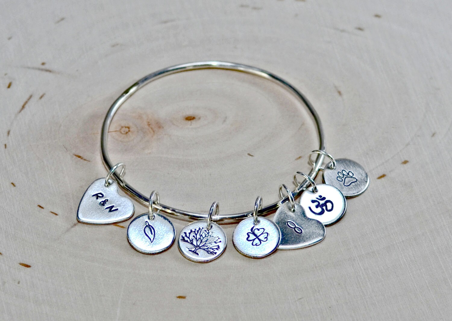 Personalized Silver Bangle With Custom Stamped Charms Solid - Etsy