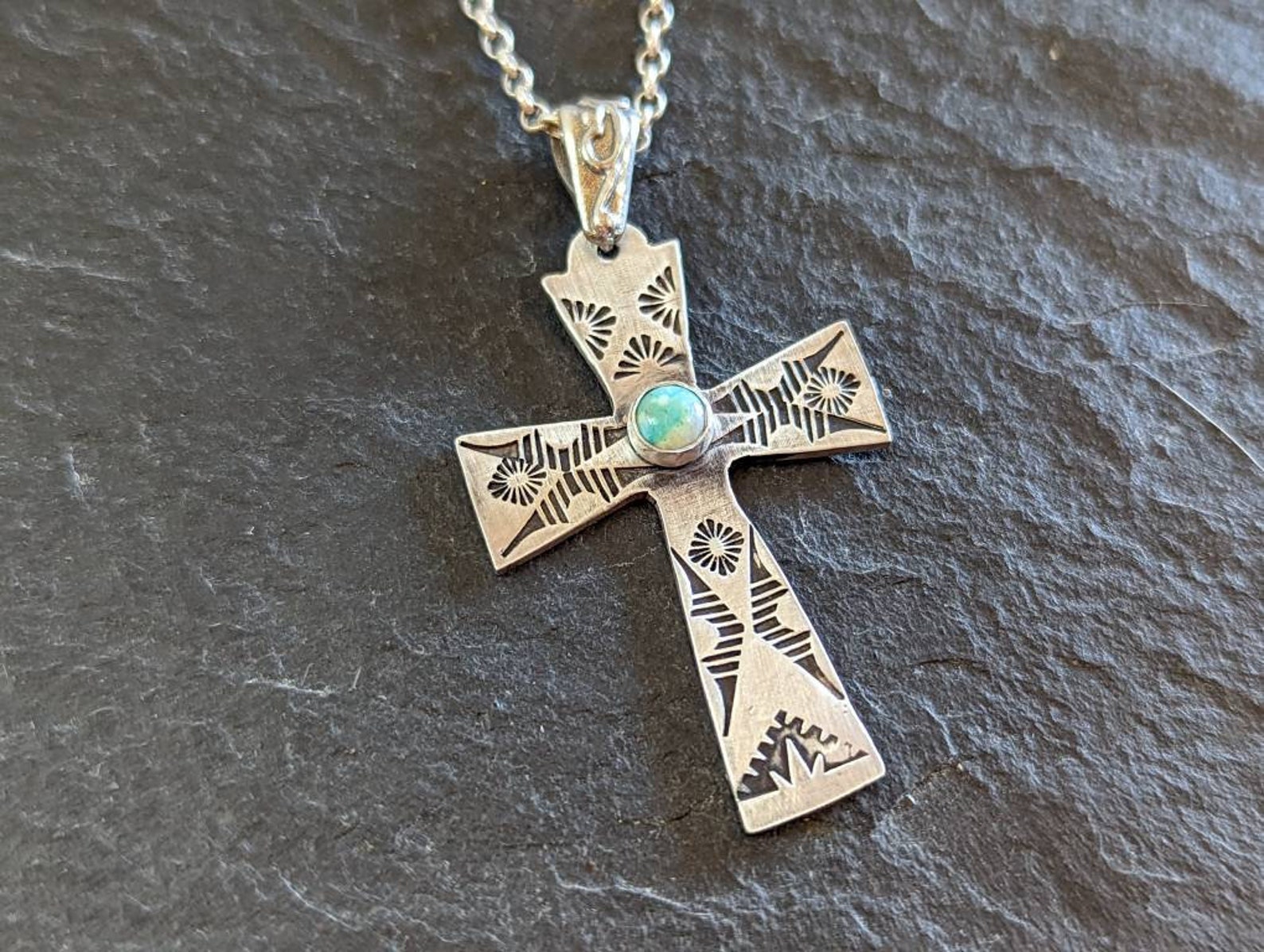 Sterling Silver Cross Pendant With Stamped Design and 5mm Turquoise ...