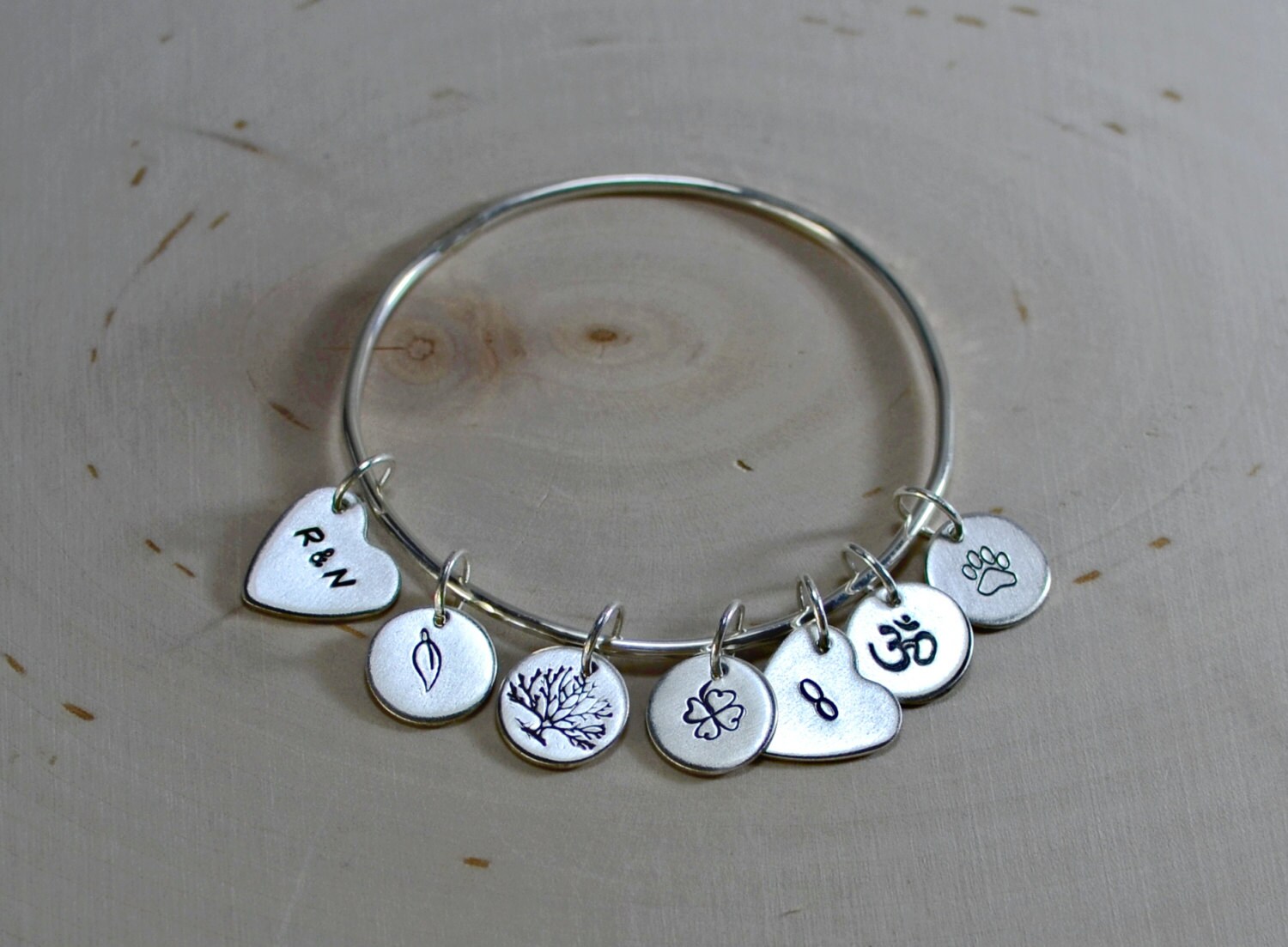 Personalized Silver Bangle With Custom Stamped Charms Solid - Etsy