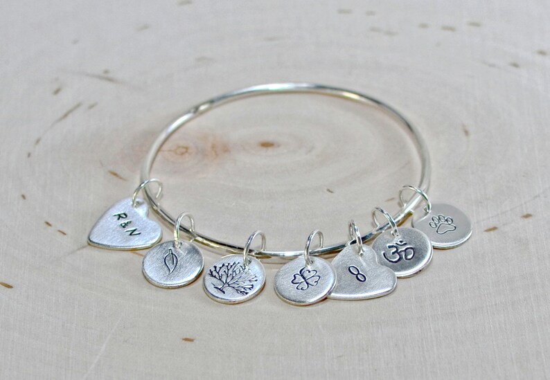 Personalized Silver Bangle With Custom Stamped Charms Solid - Etsy