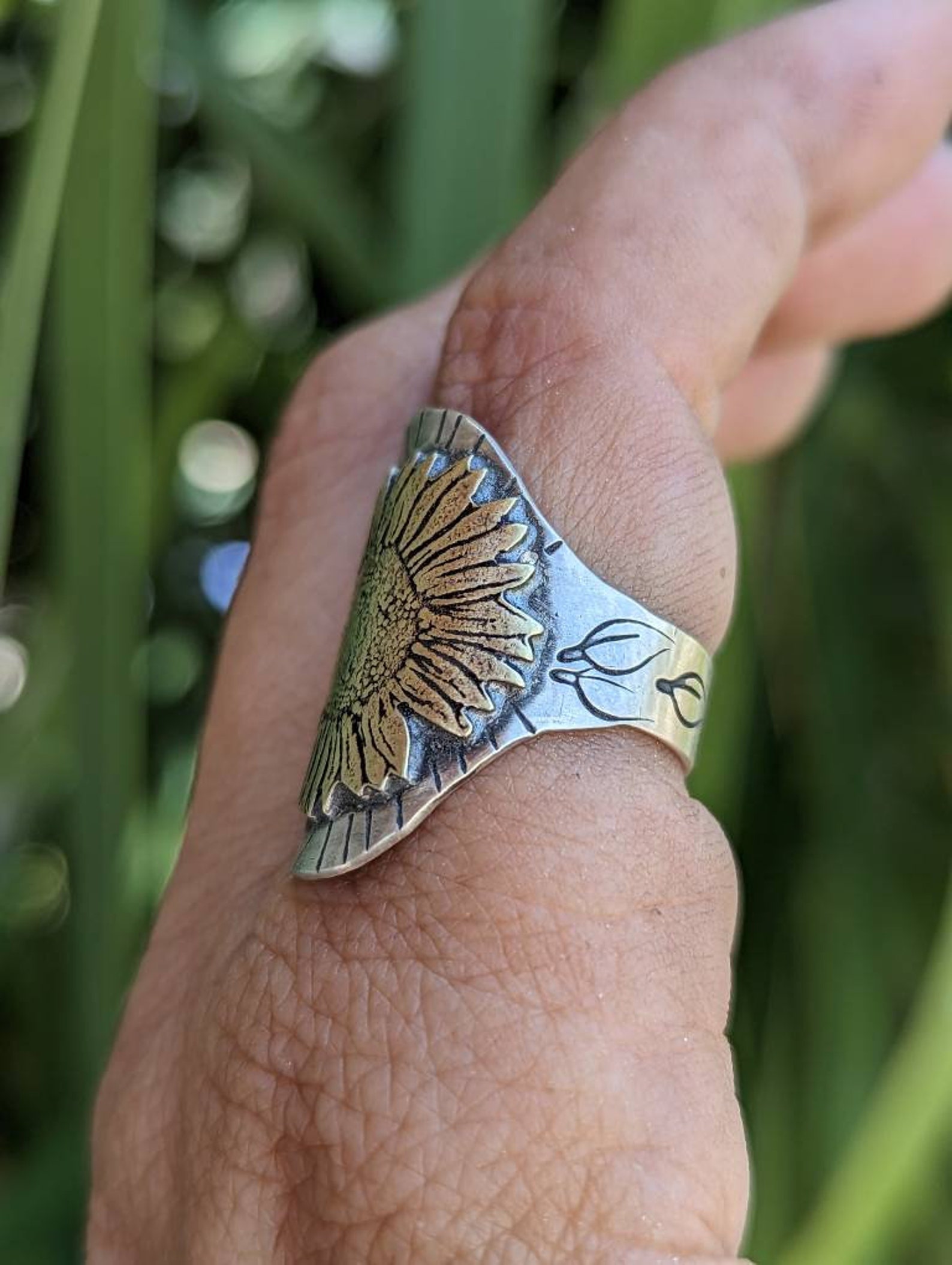 Sterling Silver Ring With Brass Sunflower - Statement Ring - Saddle ...