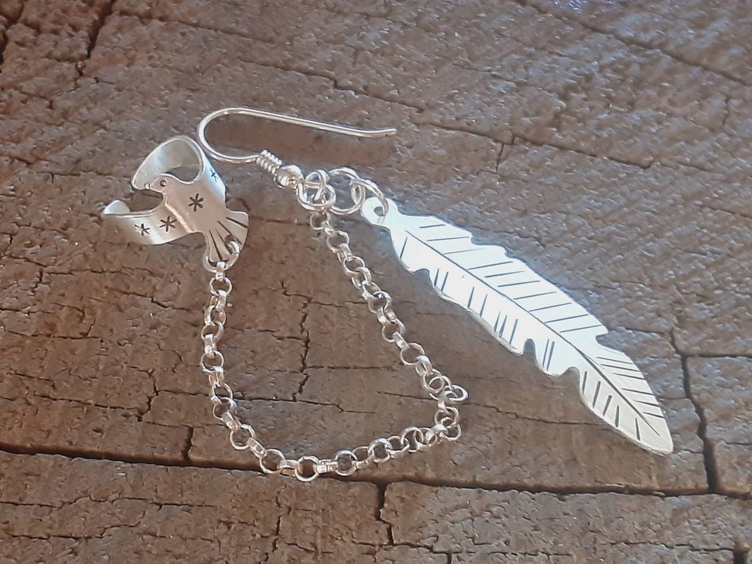 Sterling Silver Bird Ear Cuff With Chain and Feather Dangle - Solid ...