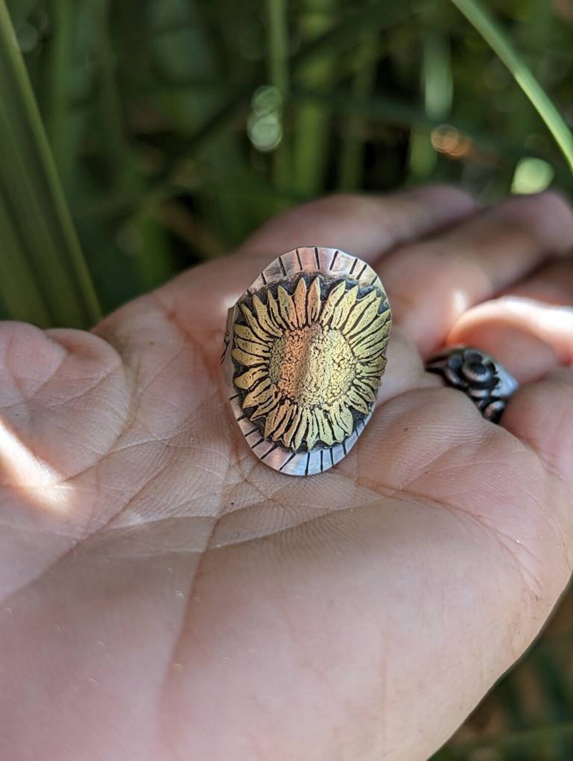 Sterling Silver Ring With Brass Sunflower - Statement Ring - Saddle ...