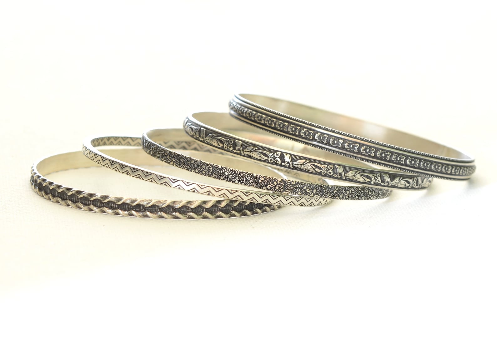 Sterling Silver Stackable Bangle Set With Geometric Patterns and ...