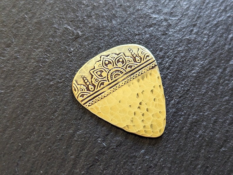 Brass Guitar Pick With Mehndi Border Design and Hammered Texture ...
