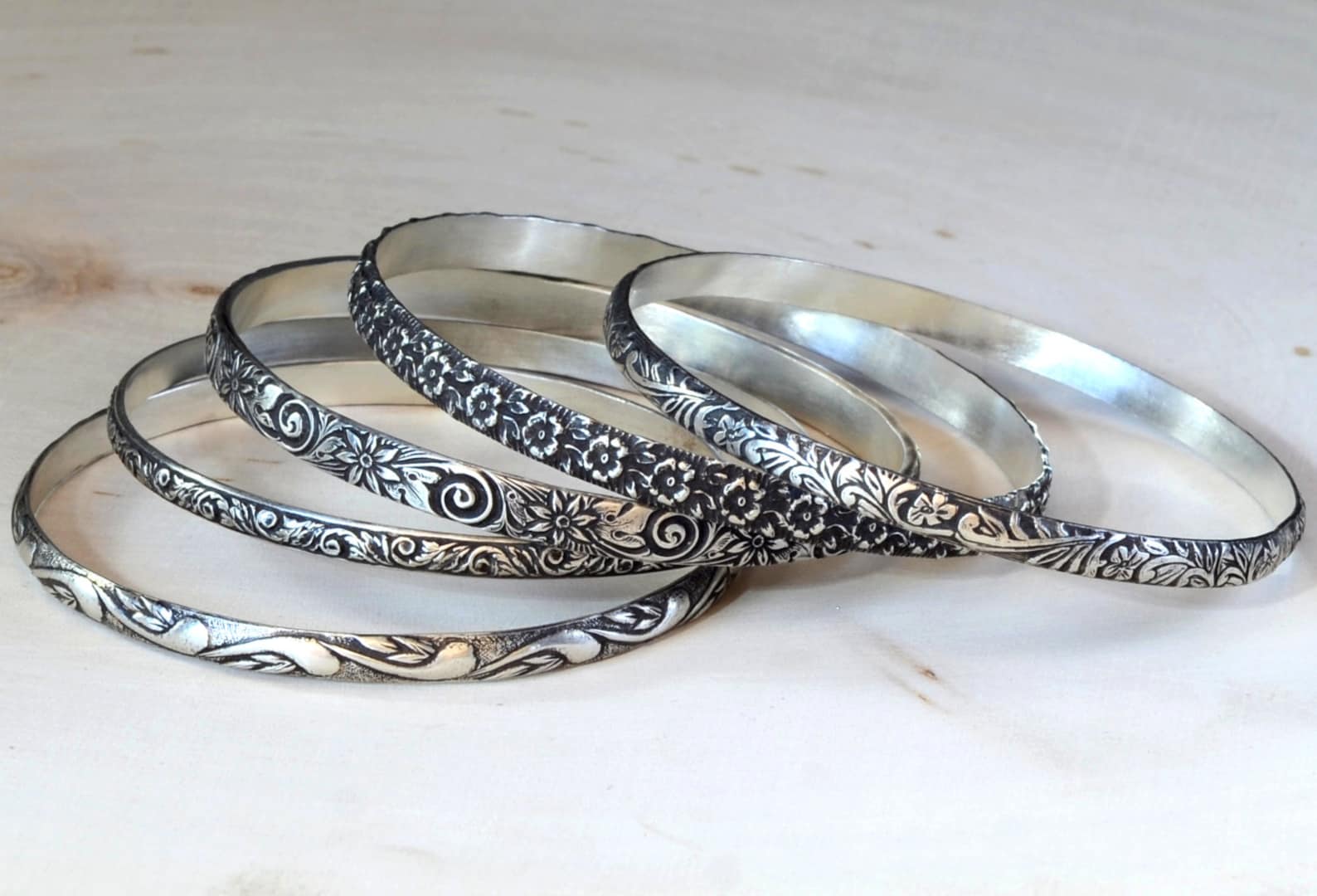Sterling Silver Stackable Bangle Set Featuring Floral Patterns and ...