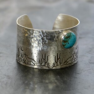 Wide Sterling Silver Cuff Bracelet With Howling Coyote and Desert ...