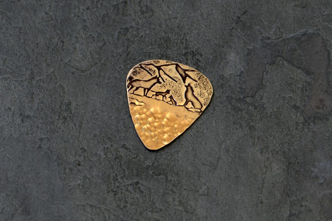 Bronze Guitar Pick With Mountains and Wolves - Playable - Hammered ...