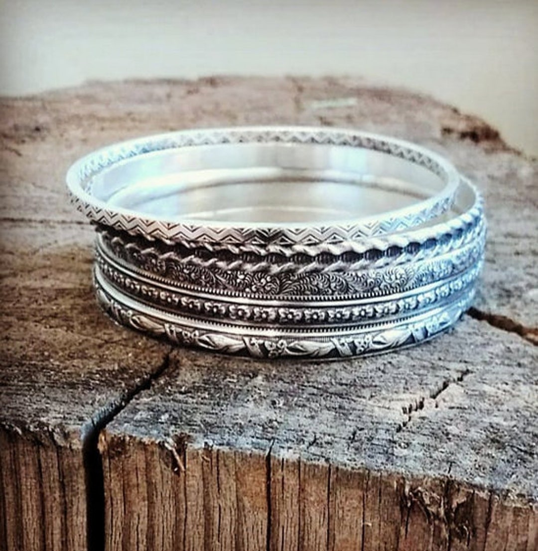 Sterling Silver Stackable Bangle Set With Geometric Patterns - Etsy