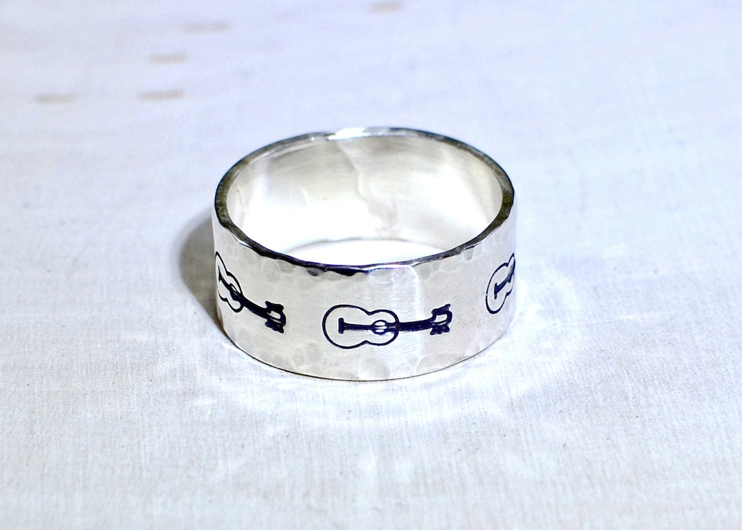 Guitar Stamped Sterling Silver Ring With Hammered Borders for Musical ...