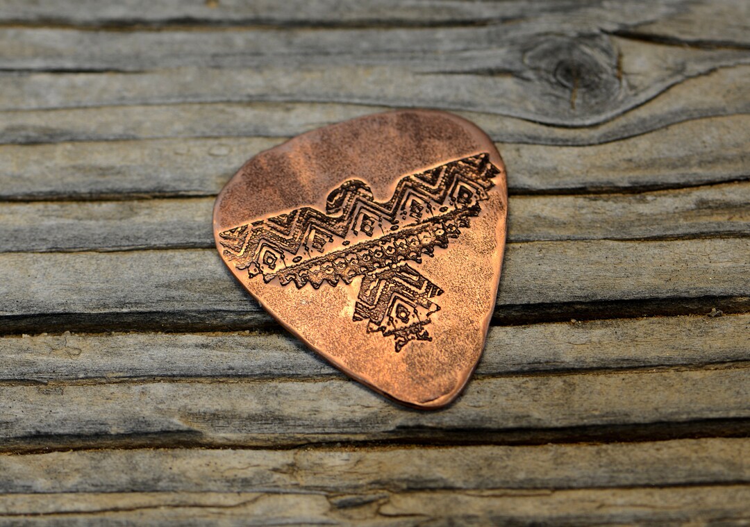 Copper Guitar Pick With Ornate Thunderbird on Front and a Hammered ...