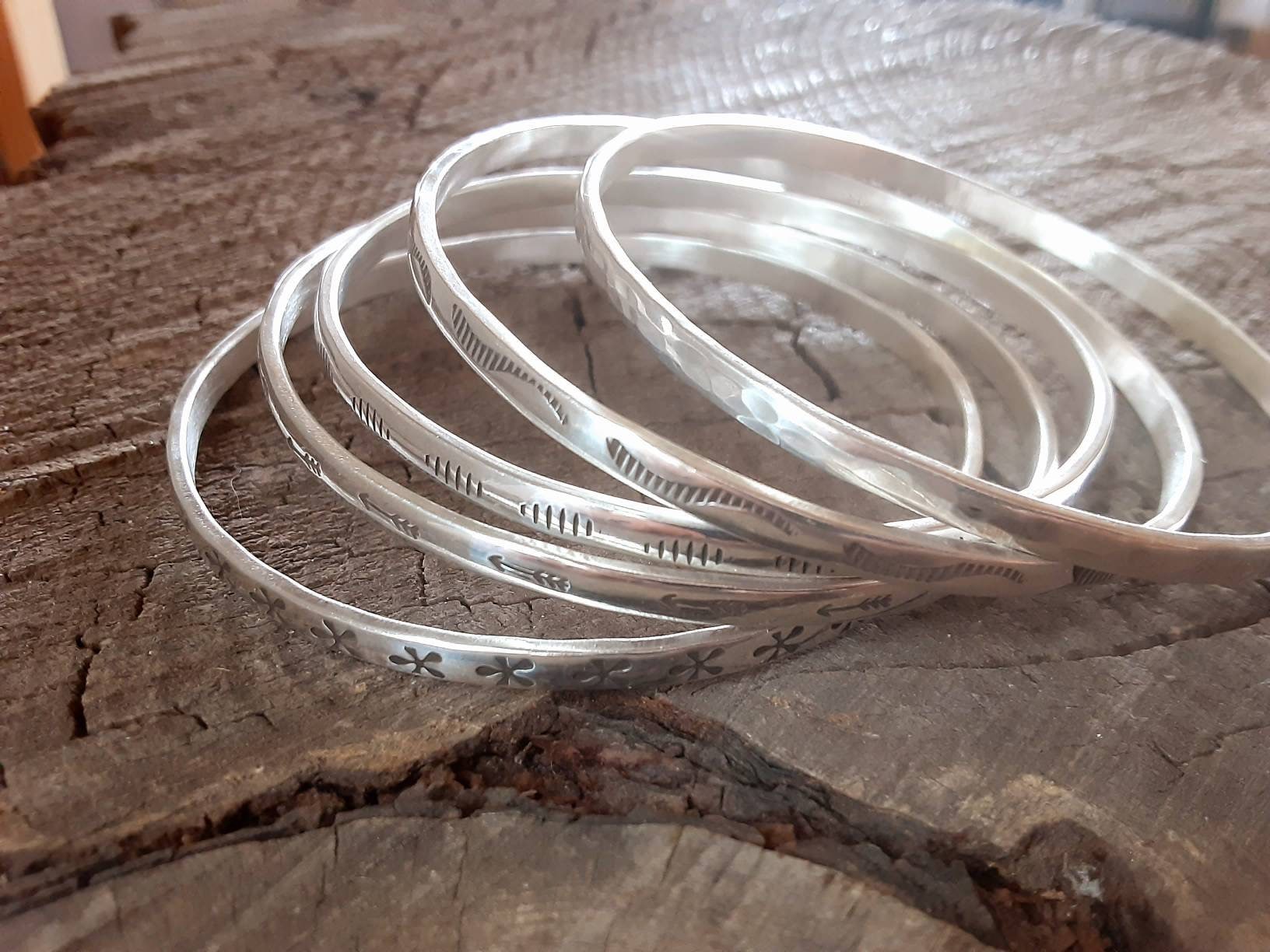 Sterling silver bangle set 5 bangles hand stamped bangle | Etsy