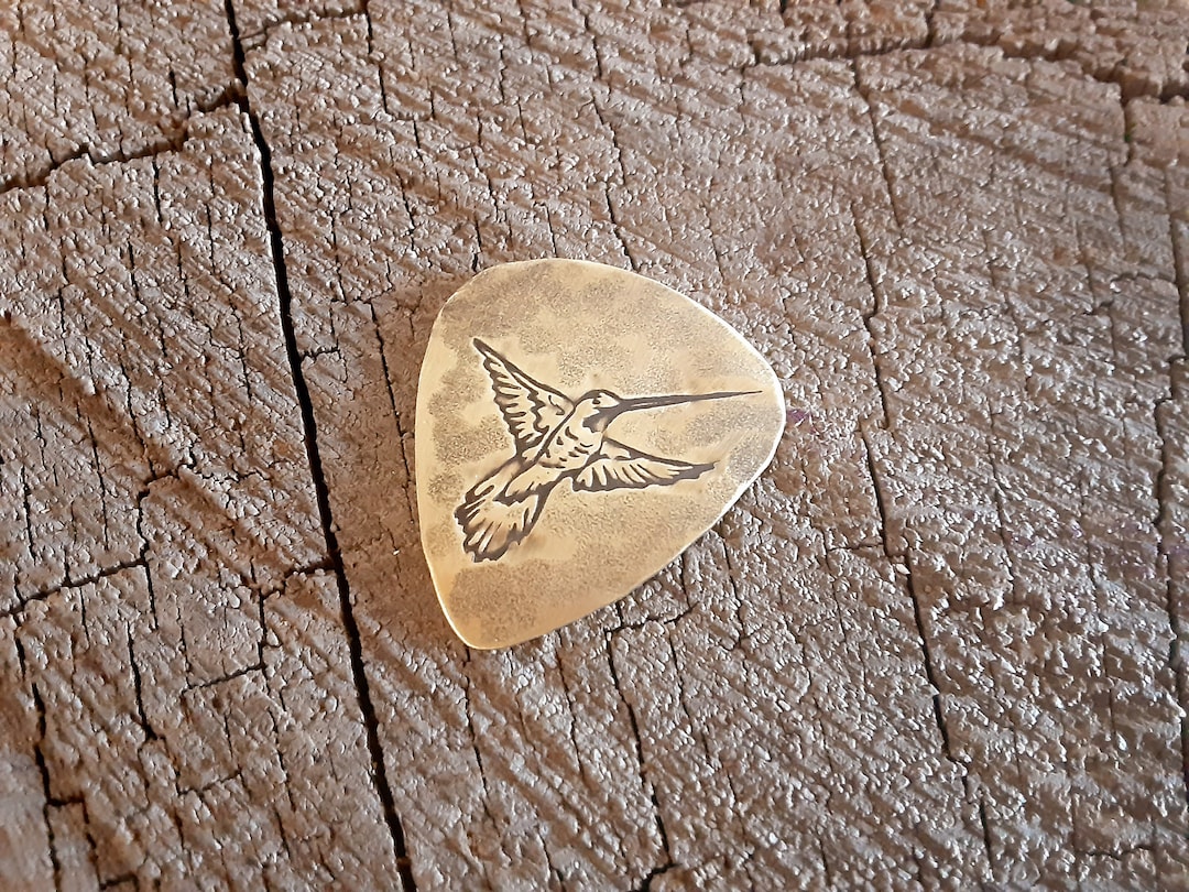 Brass Guitar Pick With Hummingbird - Playable - Hammered Texture on the ...