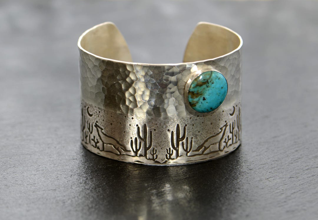 Wide Sterling Silver Cuff Bracelet With Howling Coyote and Desert ...