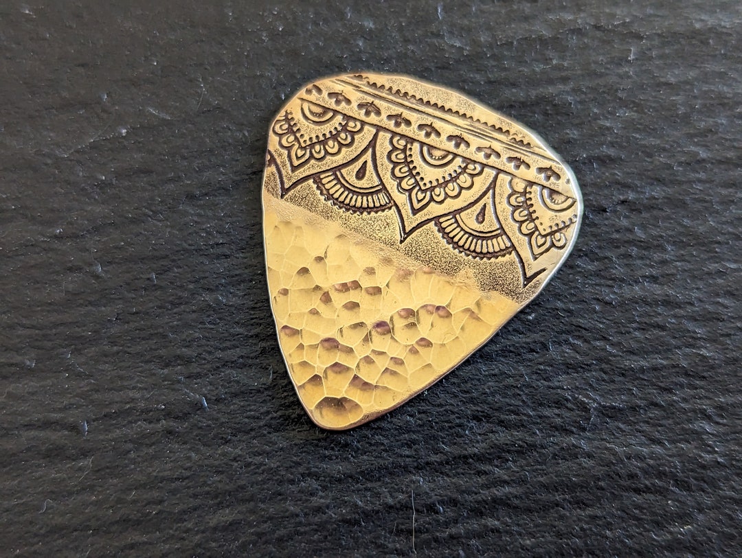 Bronze Guitar Pick With Mhendi Border - Playable Guitar Pick - Hammered ...