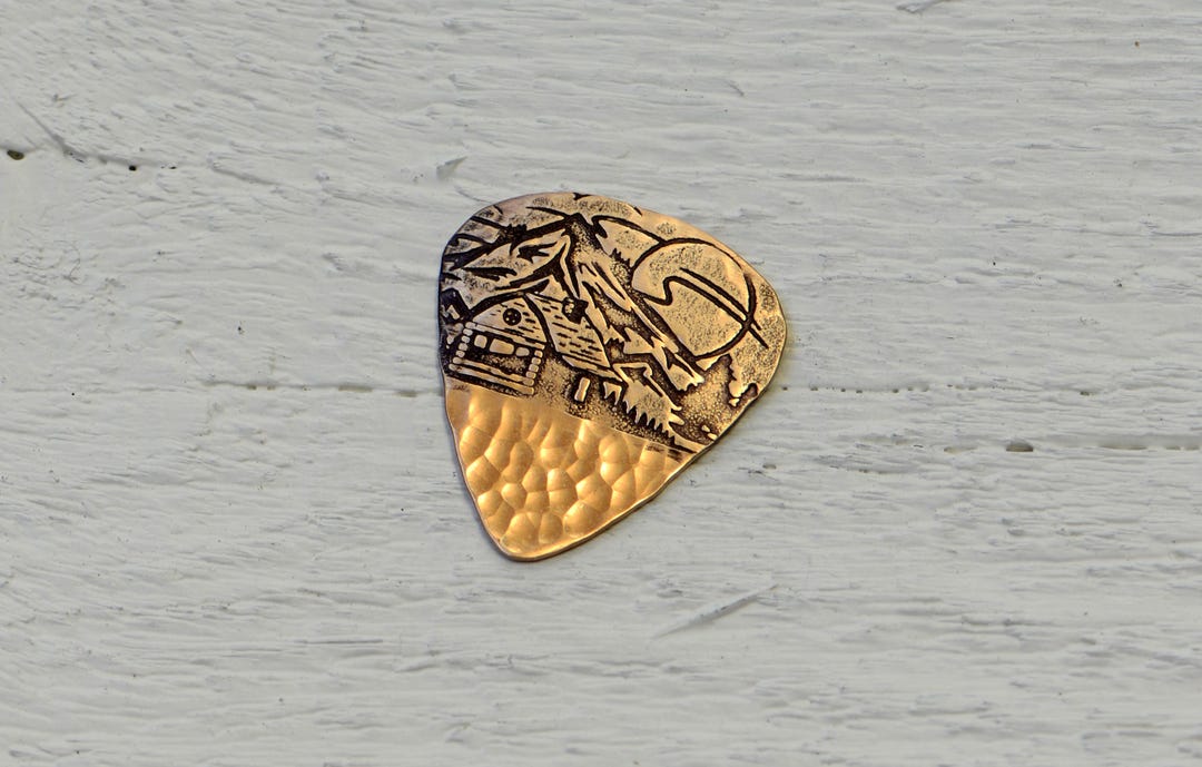 Bronze Guitar Pick With Sun, Mountains and House - Handmade and ...