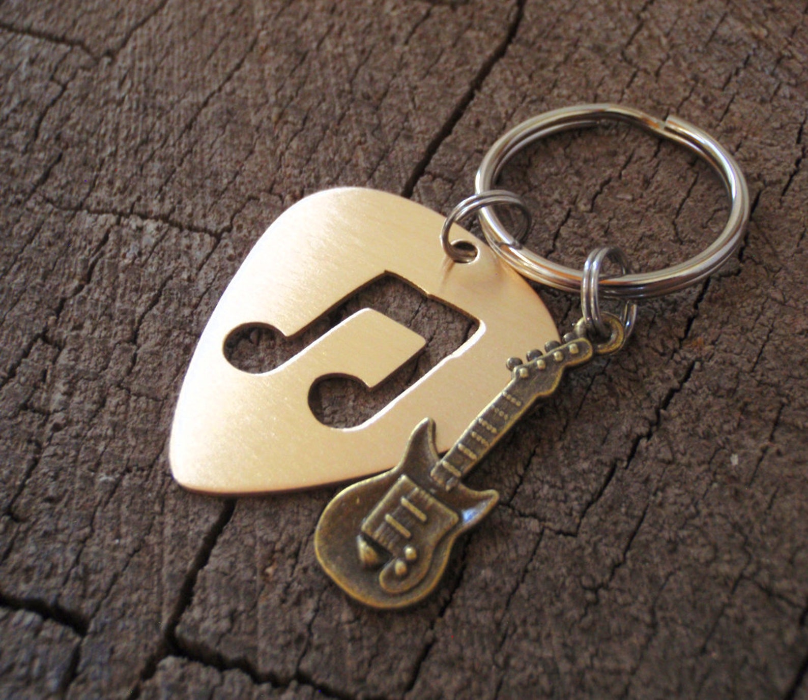 Bronze Guitar Pick Keychain With Music Note Cut Out Brass | Etsy