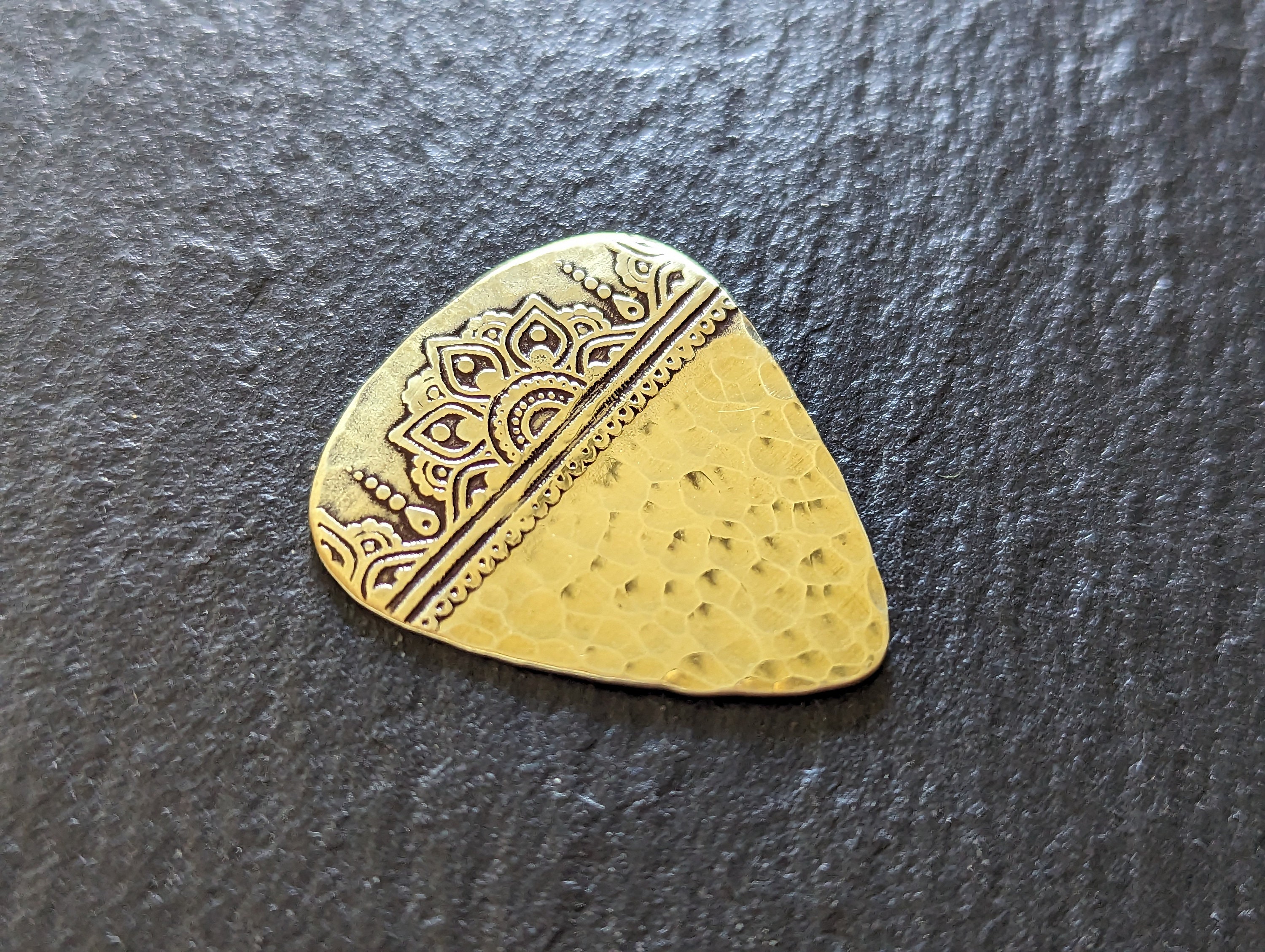 Brass Guitar Pick With Mehndi Border Design and Hammered Texture ...