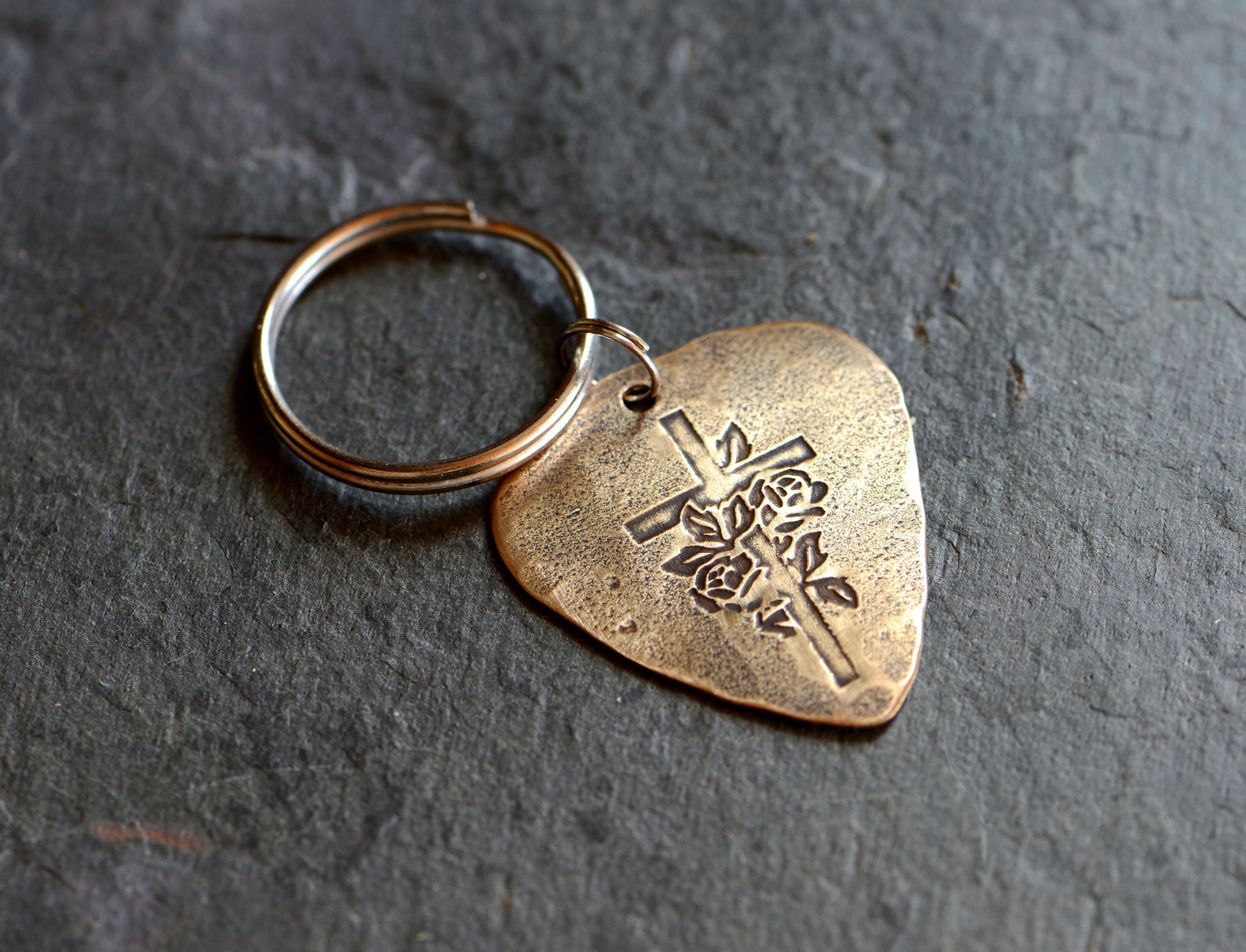 Bronze Guitar Pick Keyring With Cross and Roses - Playable Guitar Pick ...