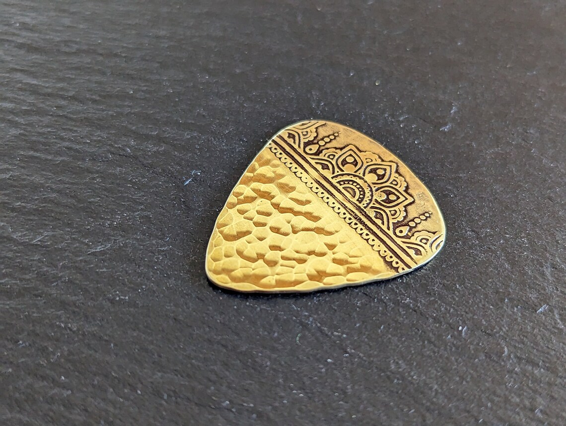 Brass Guitar Pick With Mehndi Border Design and Hammered Texture ...