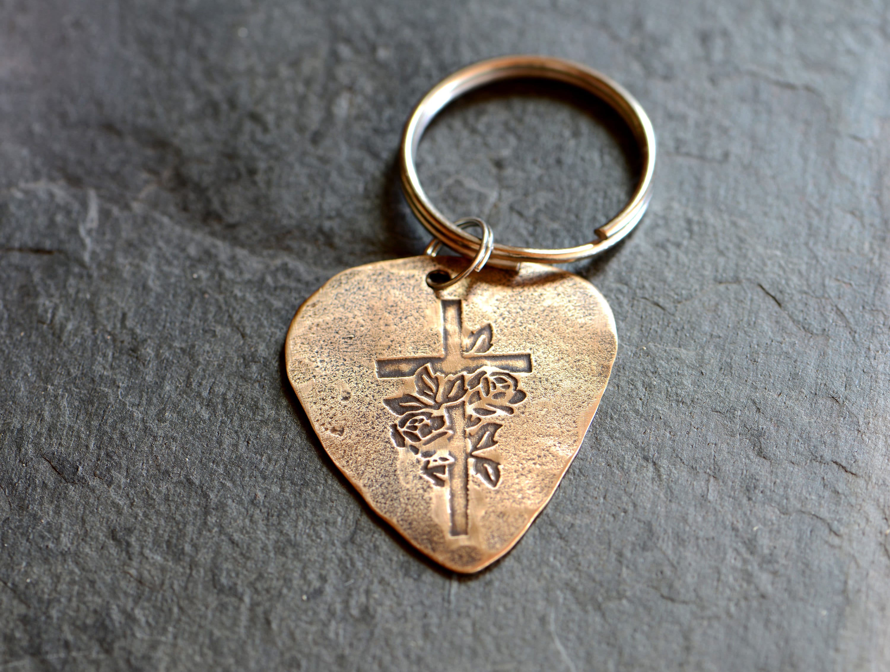 Bronze Guitar Pick Keyring With Cross and Roses - Playable Guitar Pick ...