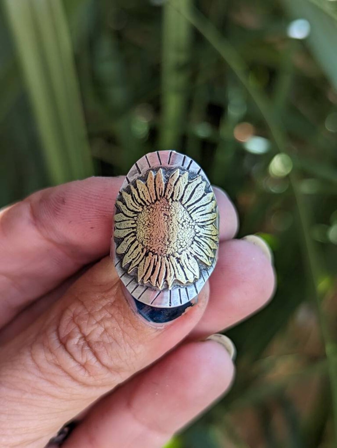 Sterling Silver Ring With Brass Sunflower - Statement Ring - Saddle ...