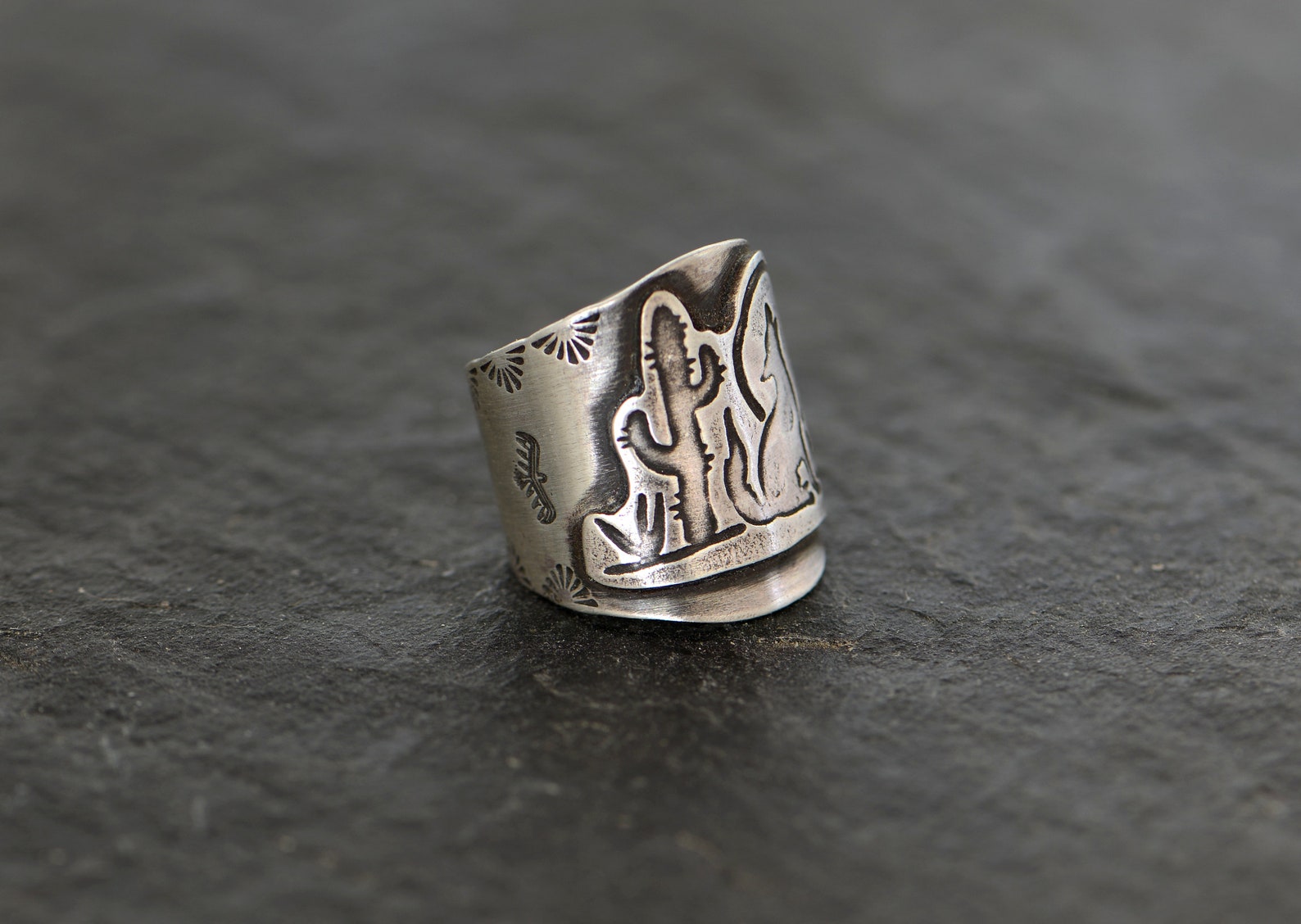 Sterling Silver Mens Cigar Band Ring With Coyote , Moon and Cactus ...