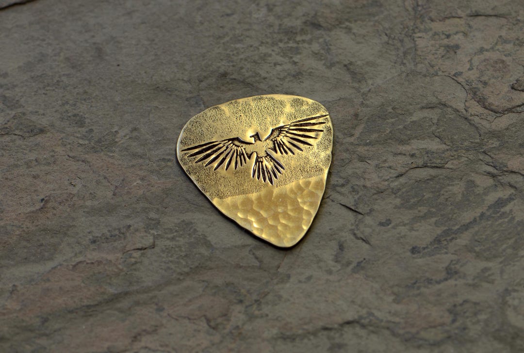 Brass Guitar Pick With Thunderbird and Hammered Texture - Playable and ...