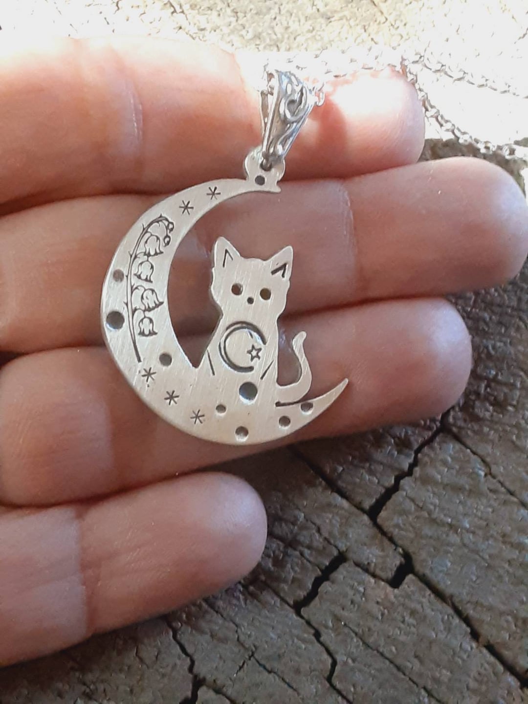 Sterling Silver Cat in Moon Charm Necklace - Carved Silver Cat - Wiccan ...
