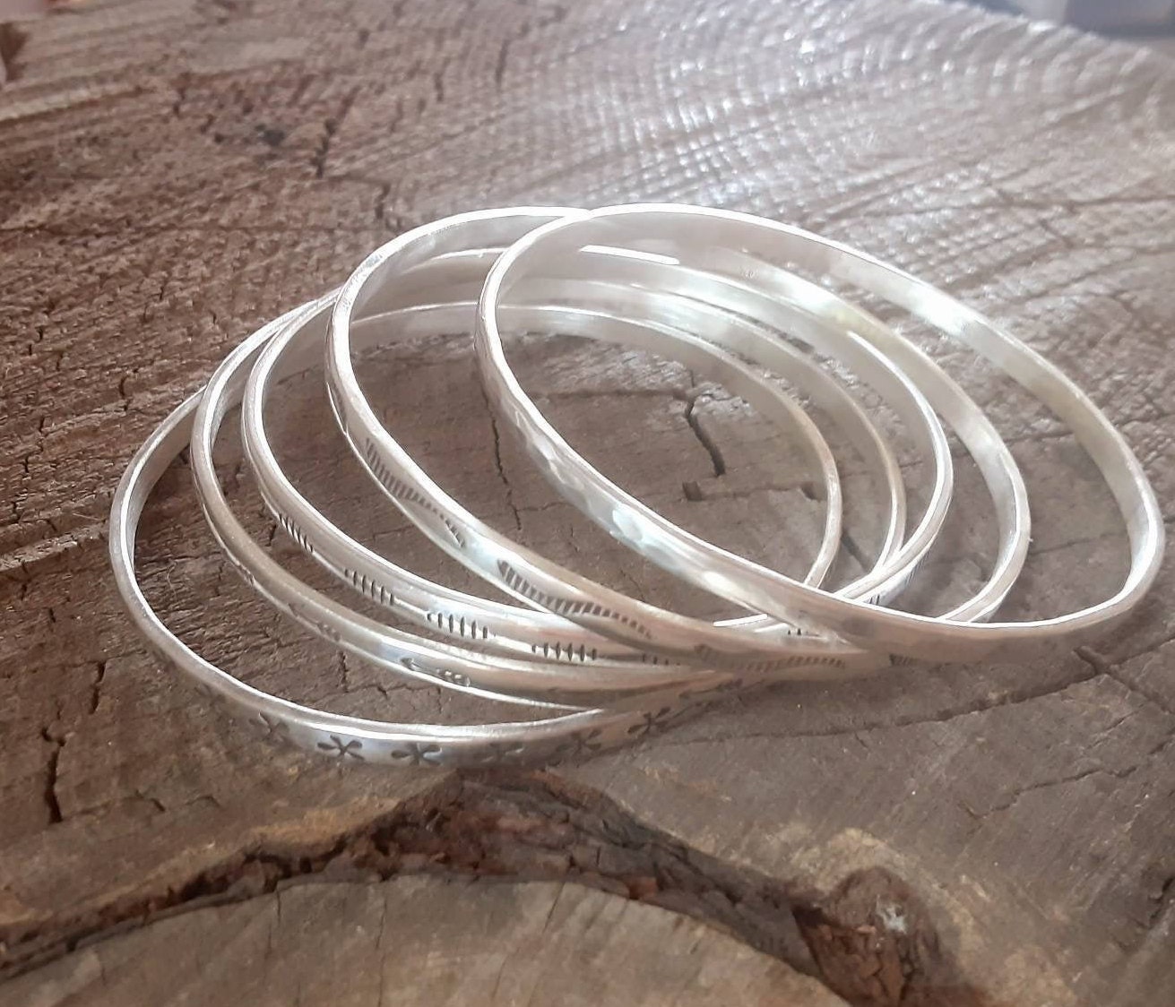 Sterling Silver Bangle Set 5 Bangles Hand Stamped Bangle - Etsy
