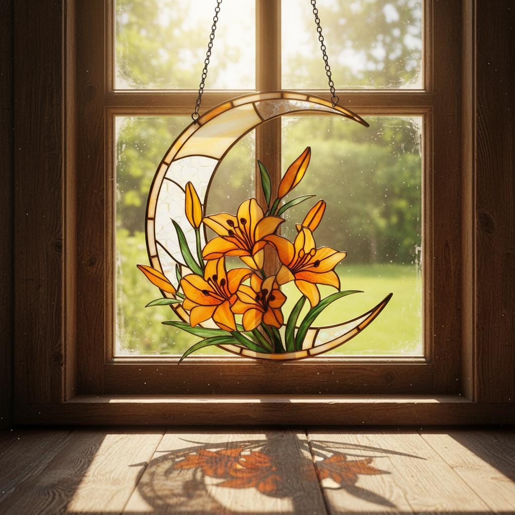 Lily Flower Acrylic Suncatcher, Crescent Moon With Lilies Window Decor ...