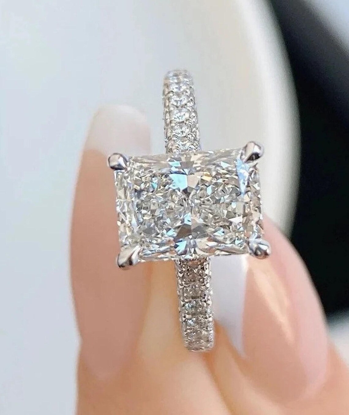 Ice Crushed Diamond Ring, Radiant Cut Moissanite Wedding Ring, Three ...