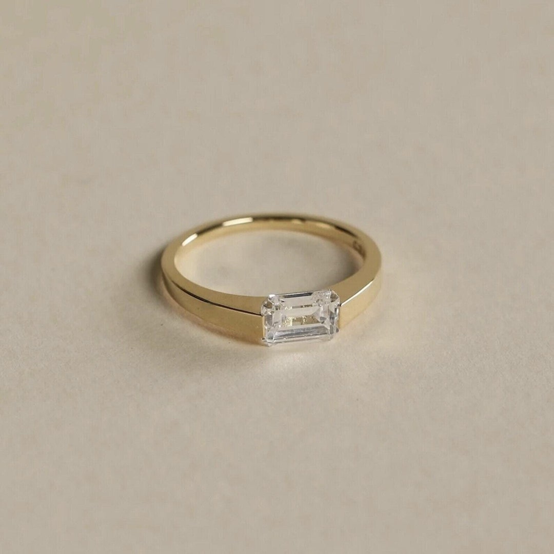 East West Solitaire Diamond Proposal Ring, Emerald Cut Moissanite ...