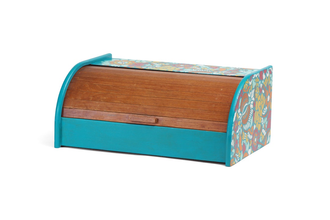 Hand Painted Bamboo Bread Box, Vintage Food Storage With Teal Blue ...