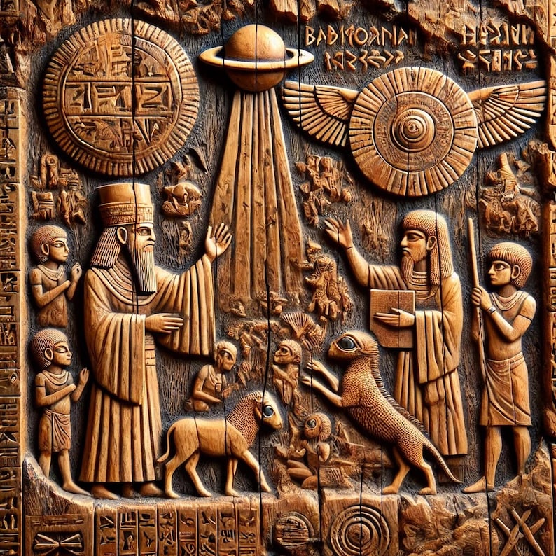 Babylonian Ancient Wall Art With Extraterrestrial Motifs, Carved Wood Style Panel, Historical ...