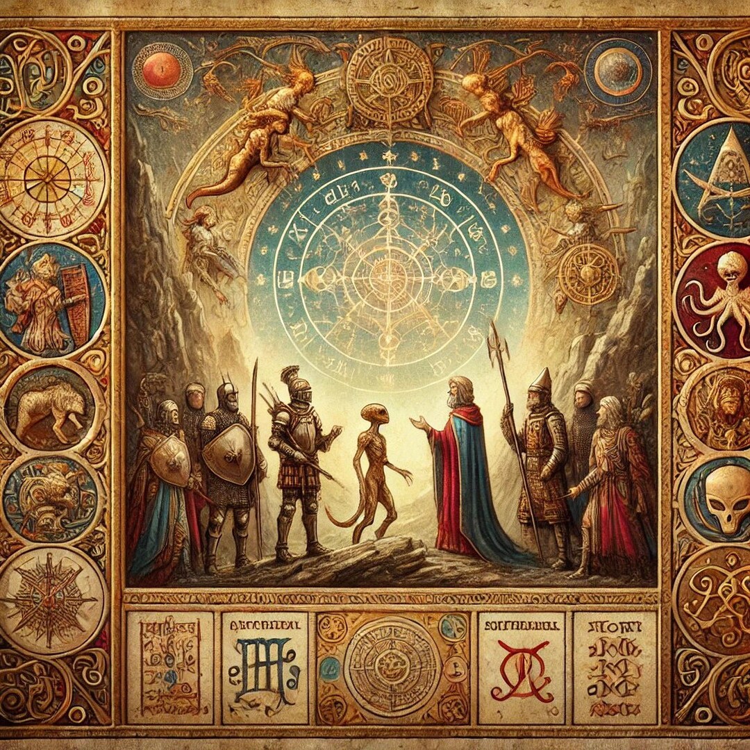 Medieval Fantasy Art Print With Alien Encounter, Astrology-inspired ...
