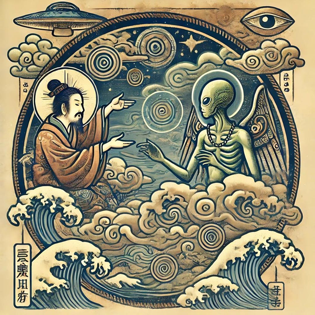 Ukiyo-e Style Digital Art | Japanese Sage and Alien Encounter - Etsy