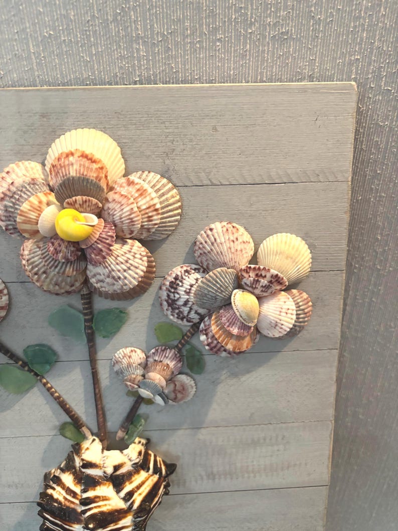 Seashell Flower Wall Art: Handmade Coastal Bouquet in Murex Shell Vase ...