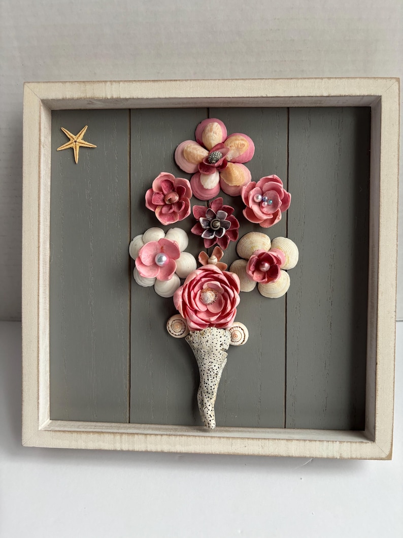 Handcrafted Seashell Flower Bouquet Wall Art-- Pink & Cream Shell ...