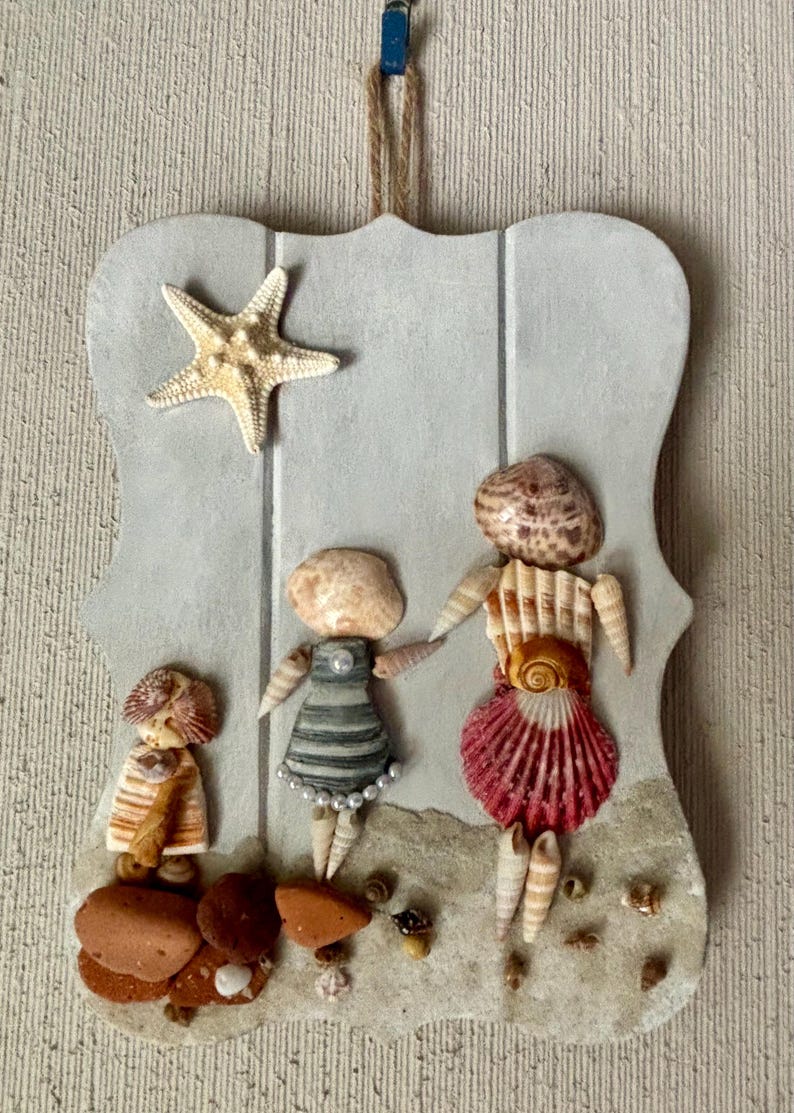 Seashell Art Family With Dog Beach Scene-handmade Coastal Wall Decor - Etsy