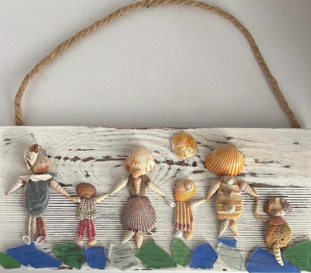 Seashell Family Art With Dog: Handmade Beach Decor Wall Hanging - Etsy
