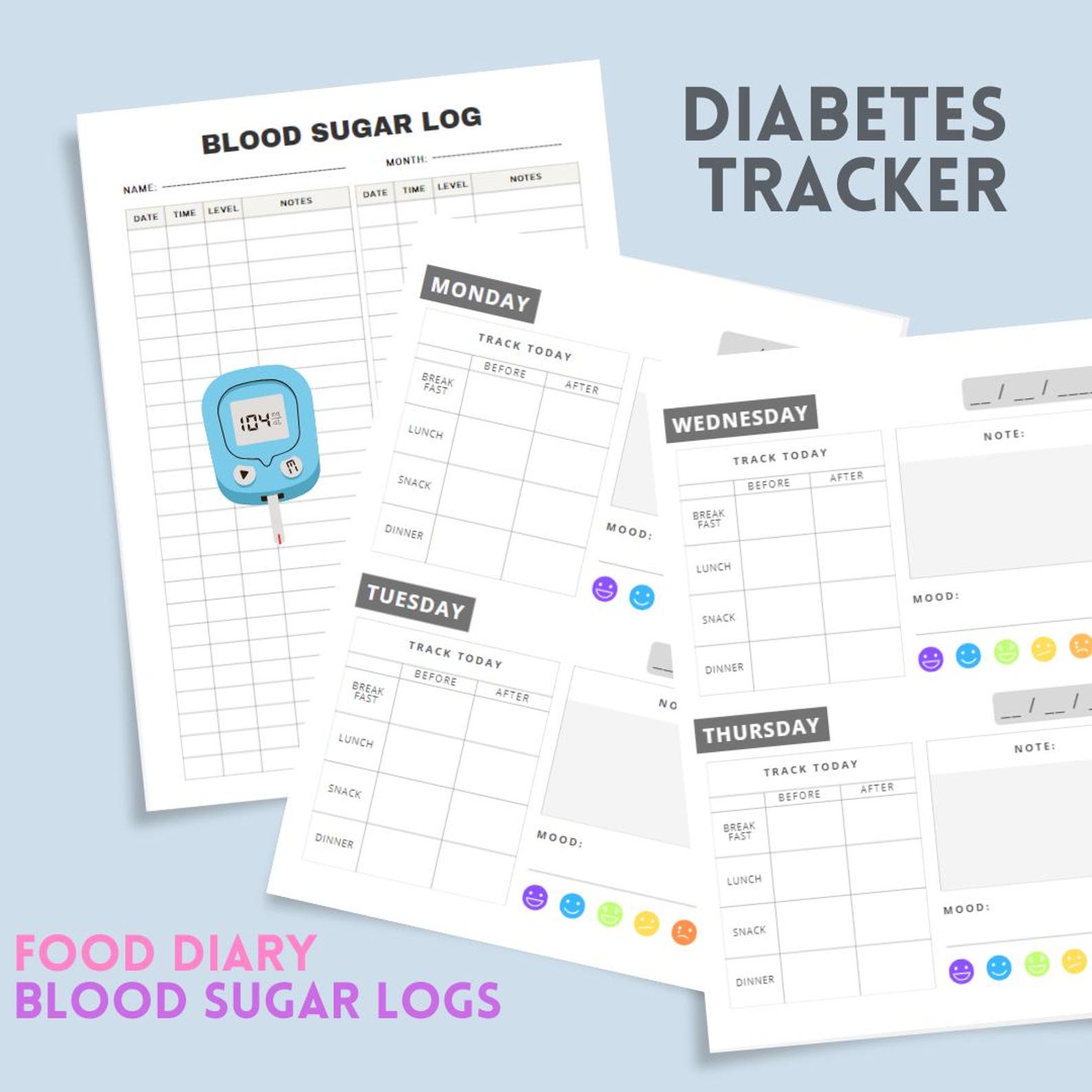Printable Diabetes Log Template Daily Diabetes Tracker Daily Blood ...